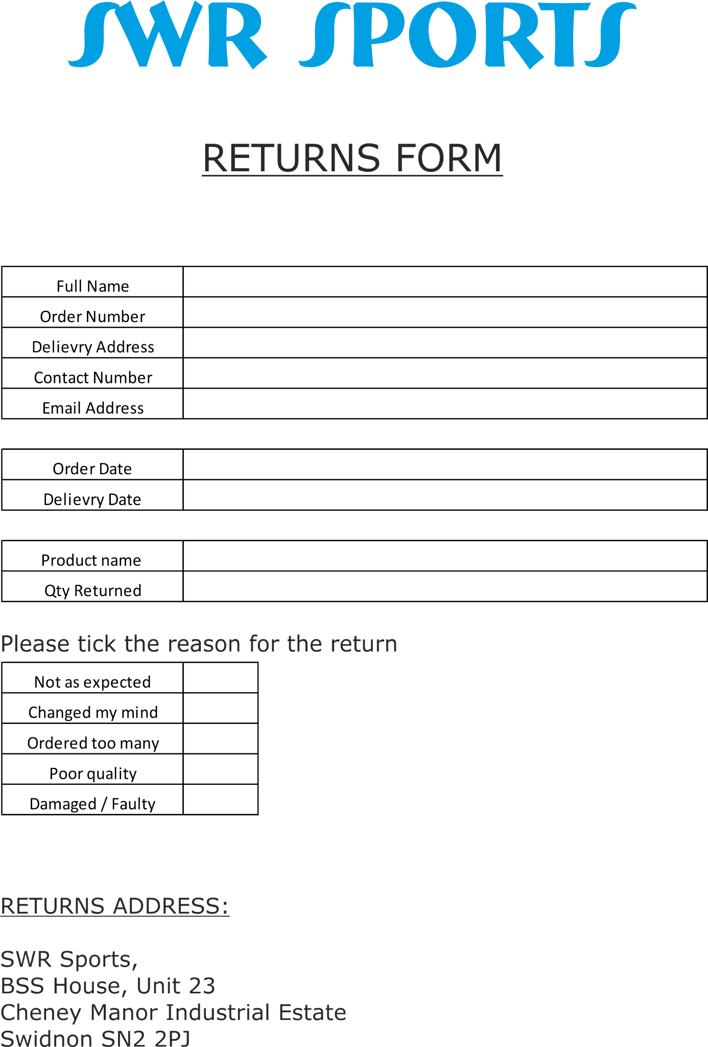 SWR Sports Returns, Refunds and Exchanges