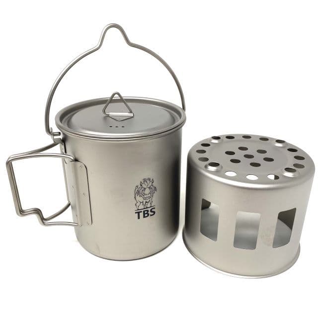 TBS 750ml Titanium Billy Can Cup with Bail Handle Lid and Stove Unit