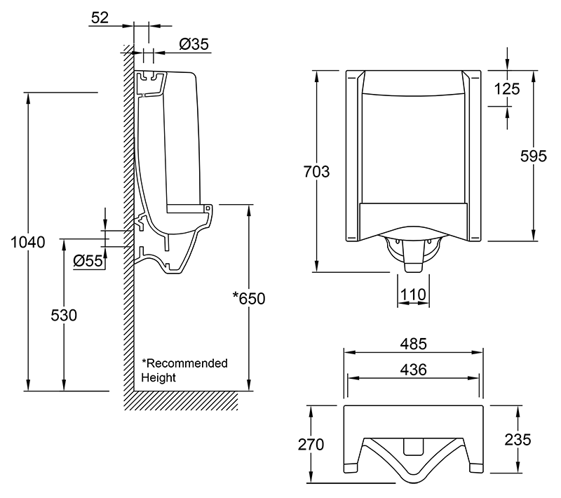 Single Florida Black Ceramic Urinal Bowl - Top Inlet