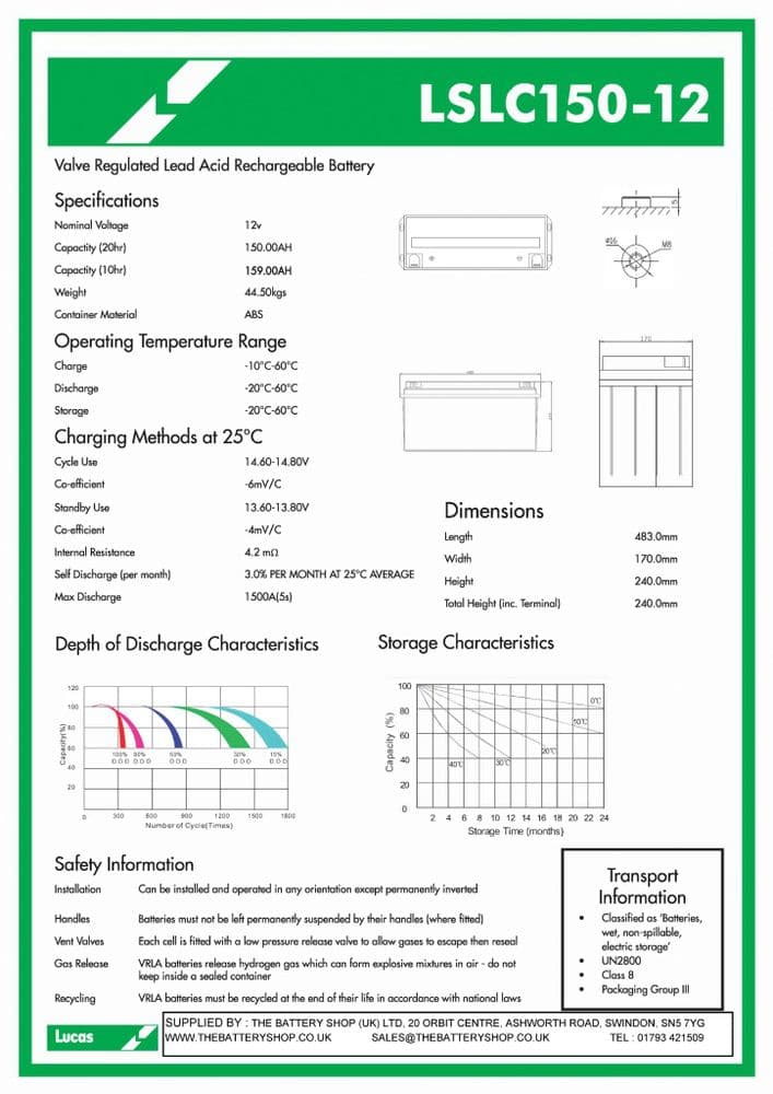 LSLC150-12 Lucas VRLA AGM Cyclic Battery 12v 150Ah Buy Online From The ...