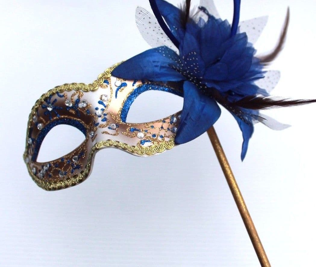 Blue and Gold Masquerade Mask - Mask on a Stick | Masks and Tiaras