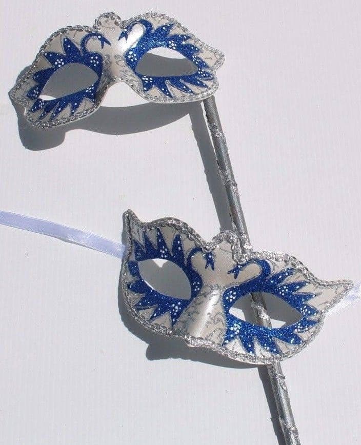 Blue and Pearlised White Masquerade Masks - Mask on a Stick | Masks and ...