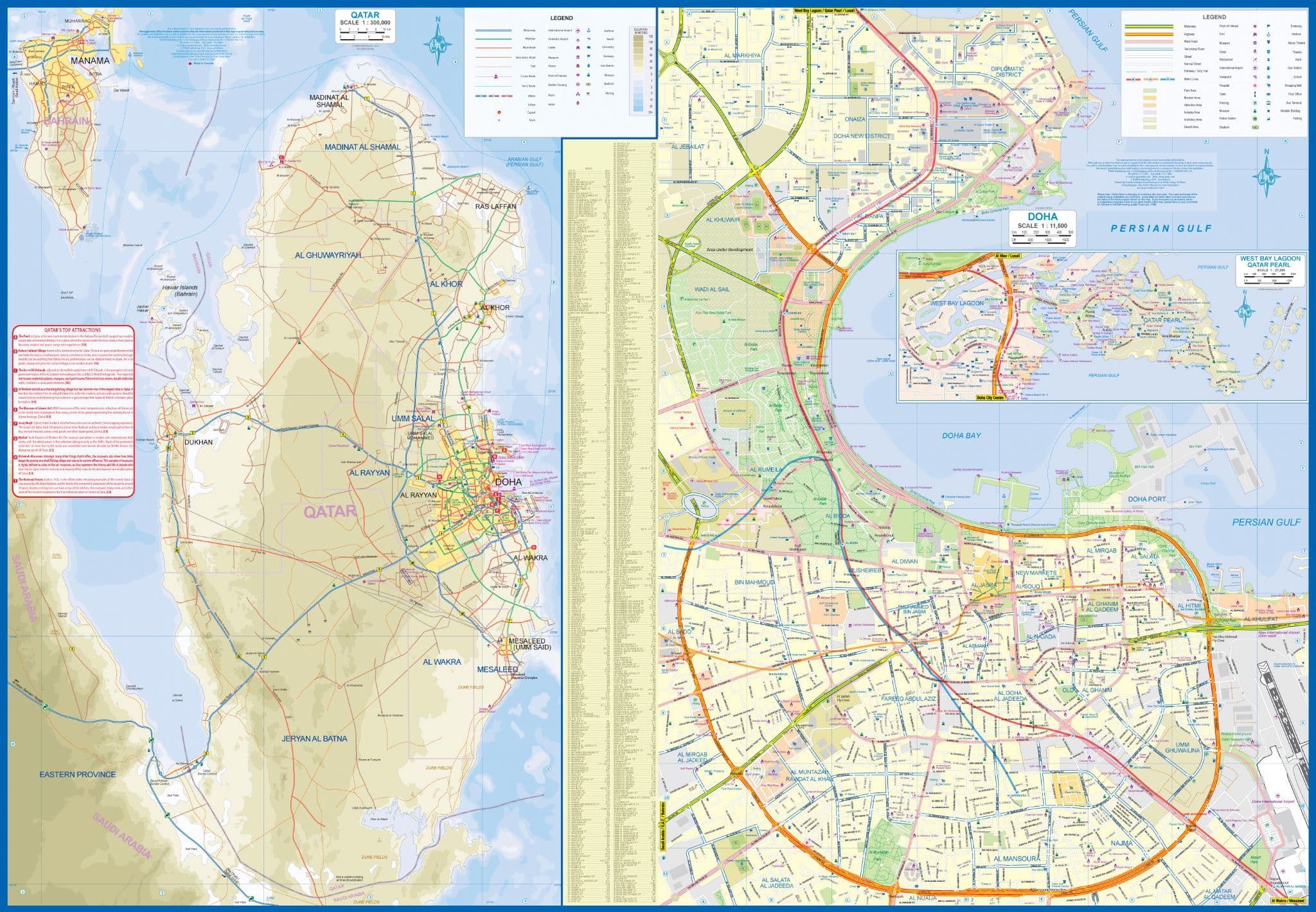 Bahrain & Qatar Travel Map with Manama & Doha