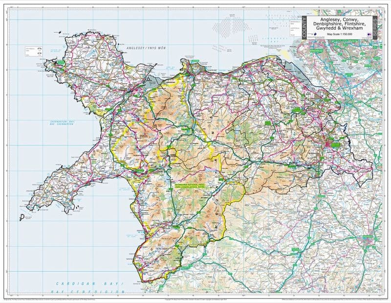 County Map of Anglesey Conwy Denbigh Flint Gwynedd & Wrexham - 2024