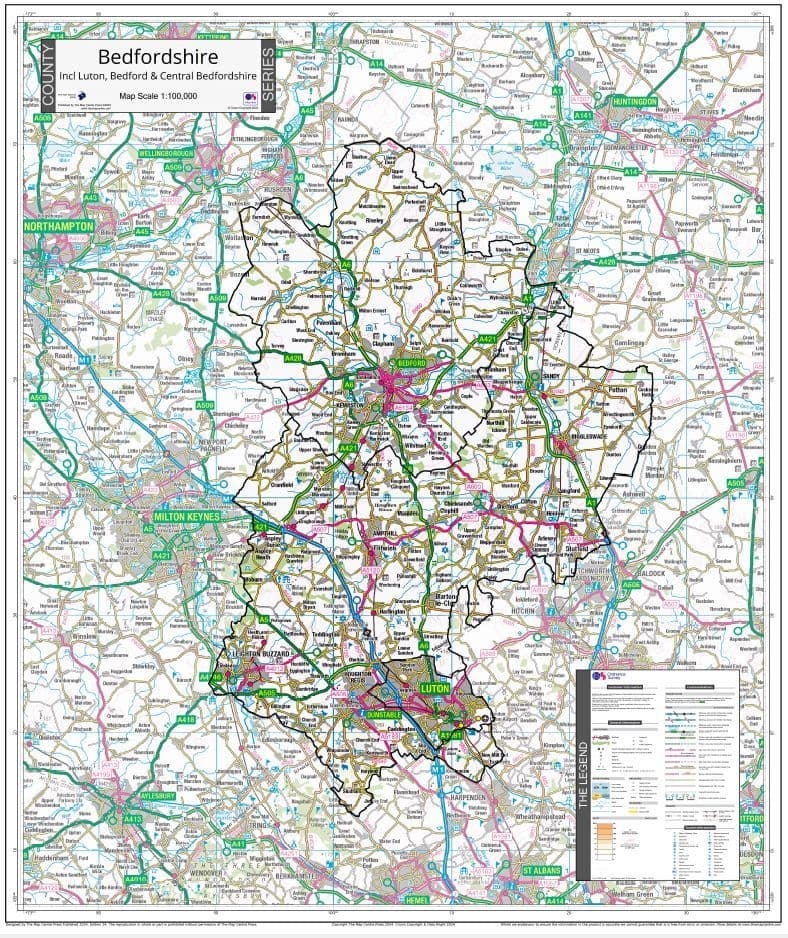 County Map of Bedfordshire - 2024