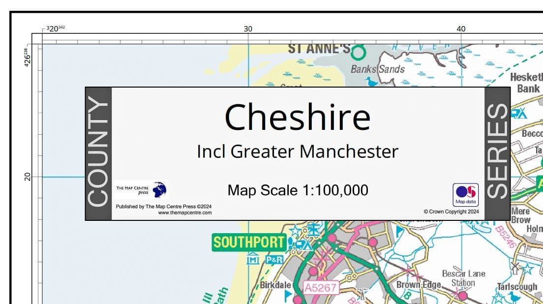 County Map of Cheshire incl Greater Manchester - 2024