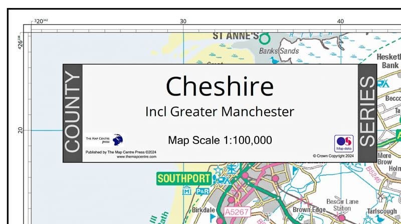 County Map of Cheshire incl Greater Manchester - 2024