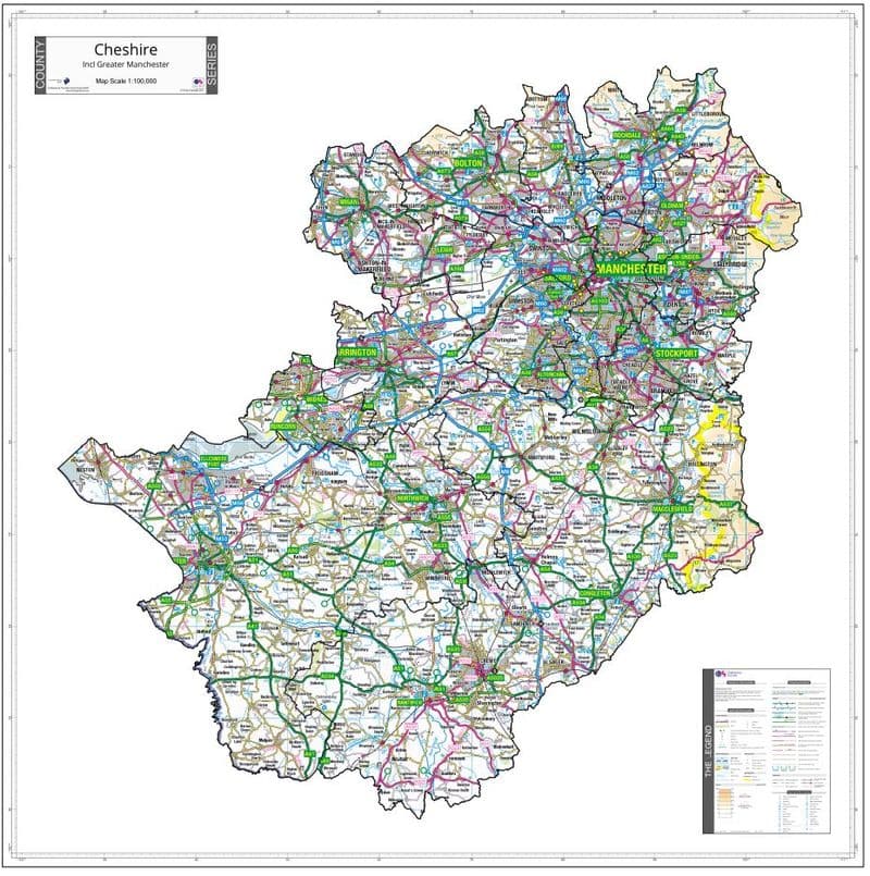 County Map of Cheshire incl Greater Manchester - White Background