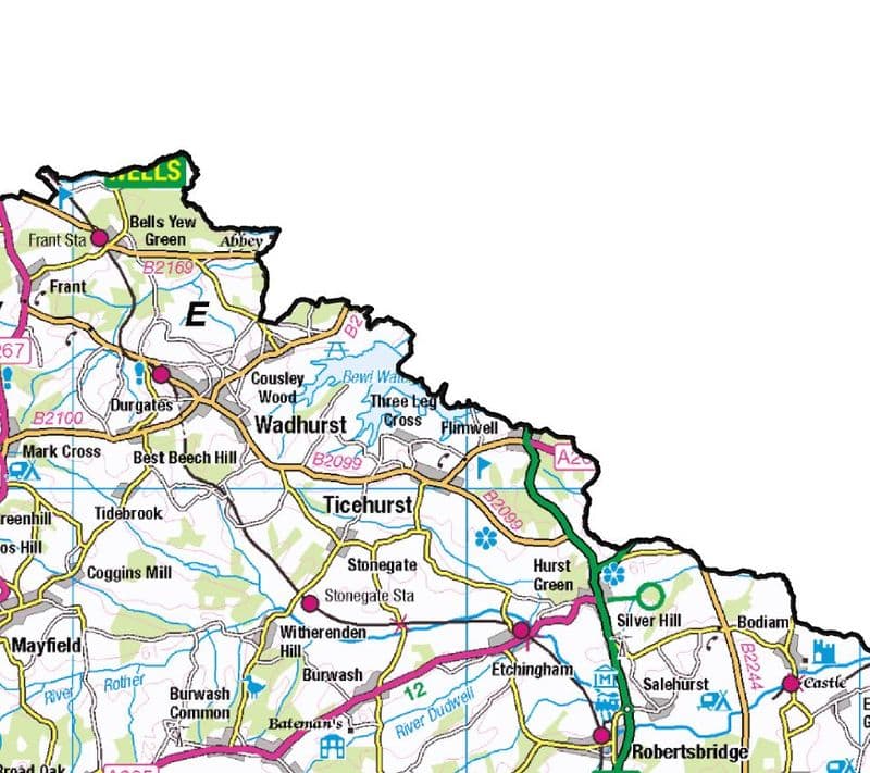 County Map of East Sussex Including Brighton - White Background