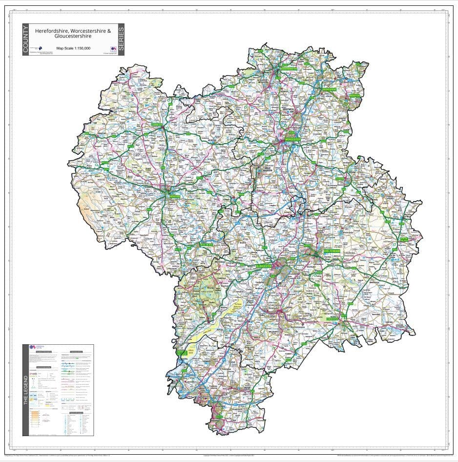 County Map of Herefordshire Worcestershire & Gloucestershire - Special ...