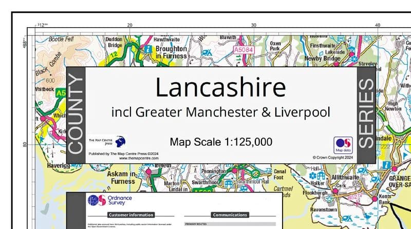 County Map of Lancashire Incl Greater Manchester & Liverpool - 2024