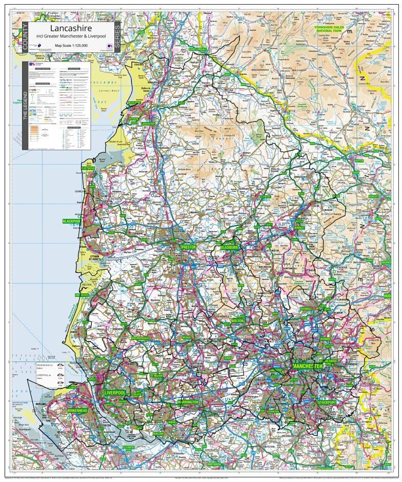 County Map of Lancashire Incl Greater Manchester & Liverpool - 2024
