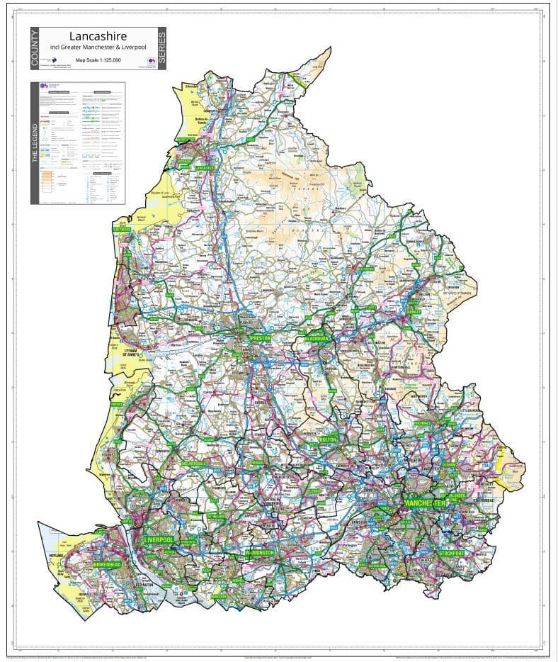 County Map of Lancashire Incl Greater Manchester & Liverpool - White ...