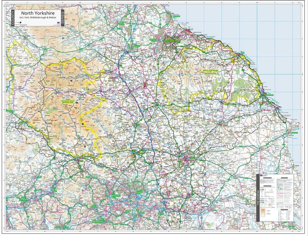 County Map of North Yorkshire Incl York Redcar and Middlesbrough - 2025