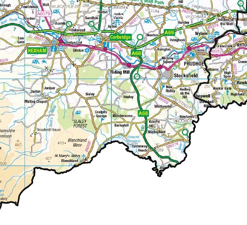 County Map of Northumberland Incl Newcastle upon Tyne - White Background