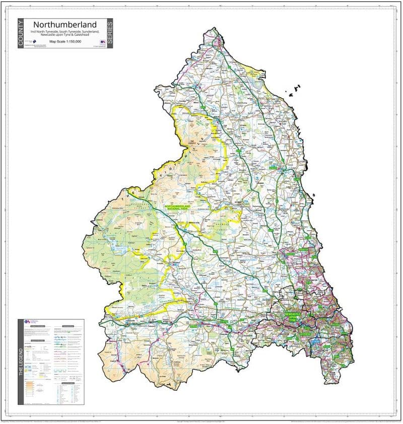 County Map of Northumberland Incl Newcastle upon Tyne - White Background