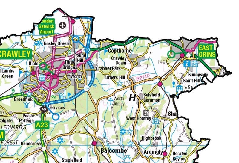 County Map of West Sussex Including Brighton - White Background