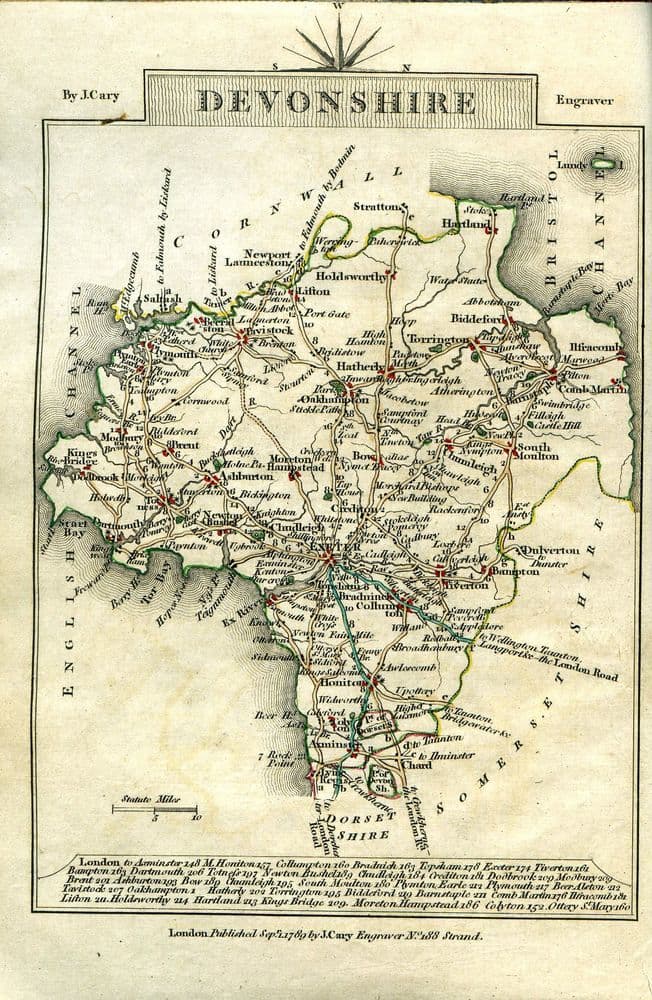 Devonshire County Map by John Cary 1790 - Reproduction