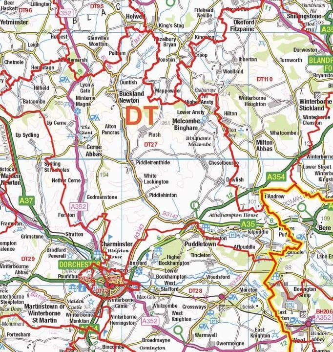 Dorchester - DT - Postcode Sector Wall Map