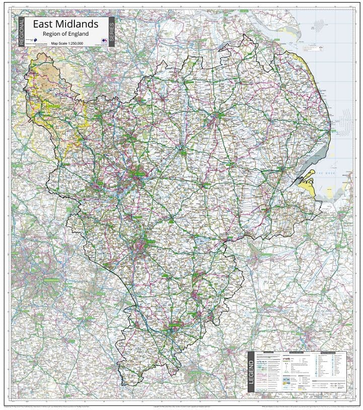 East Midlands - Region of England Wall Map