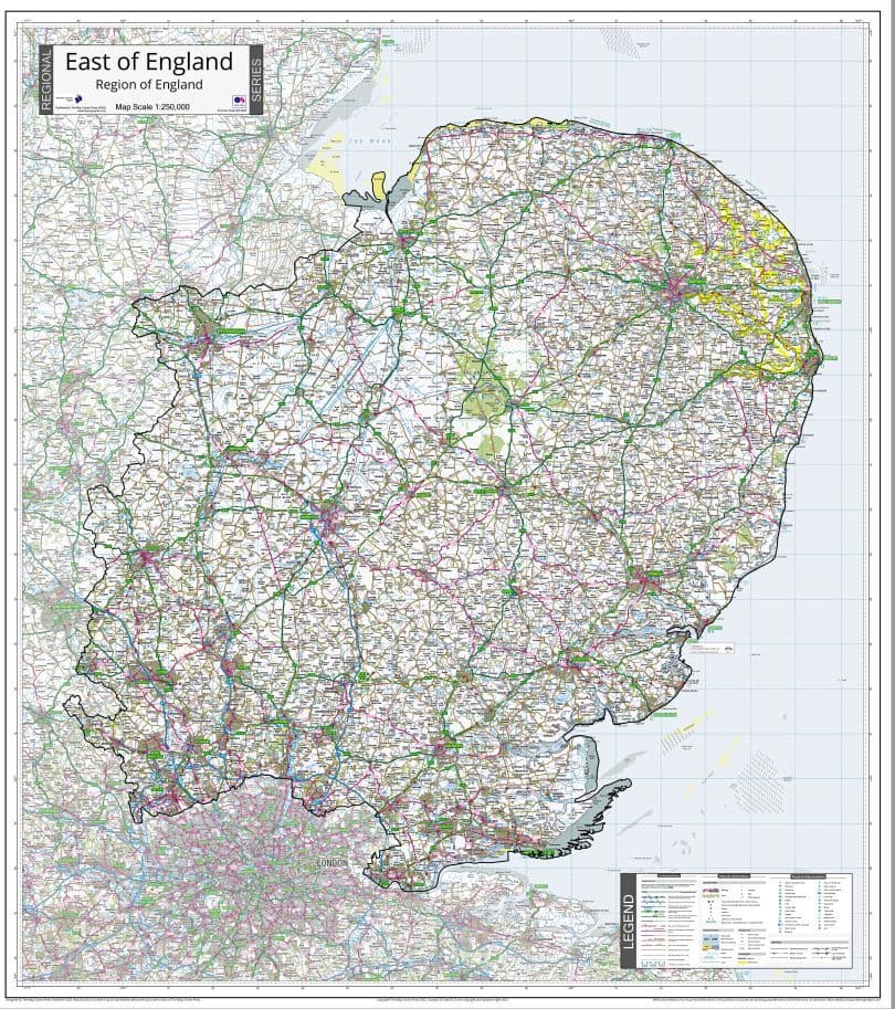 East Region - Region of England Wall Map