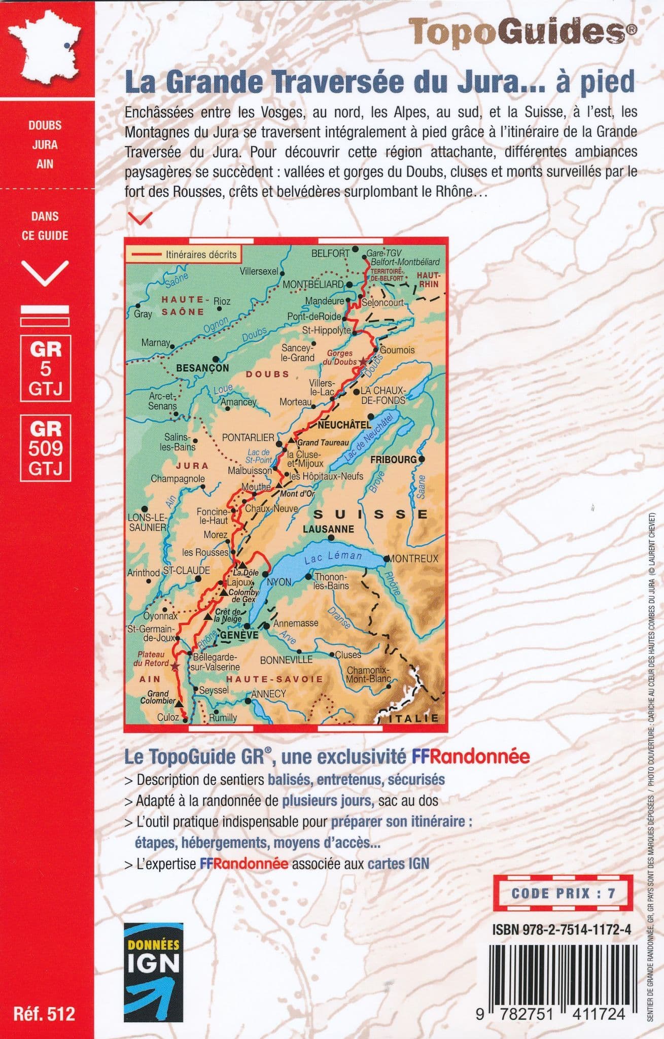 Grande Traversée du Jura à pied GR5/GRP Topo Guide 512