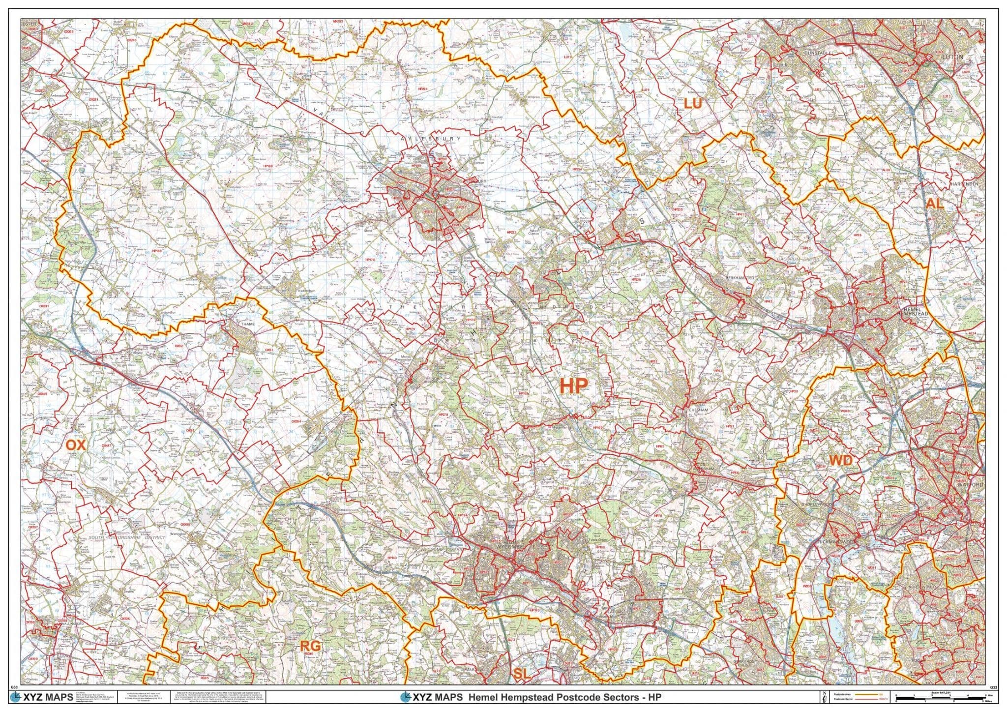 Hemel Hempstead - HP - Postcode Sector Wall Map