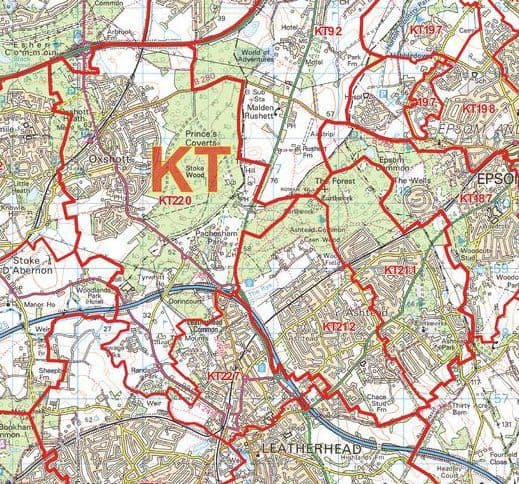 Kingston Upon Thames - KT - Postcode Sector Wall Map
