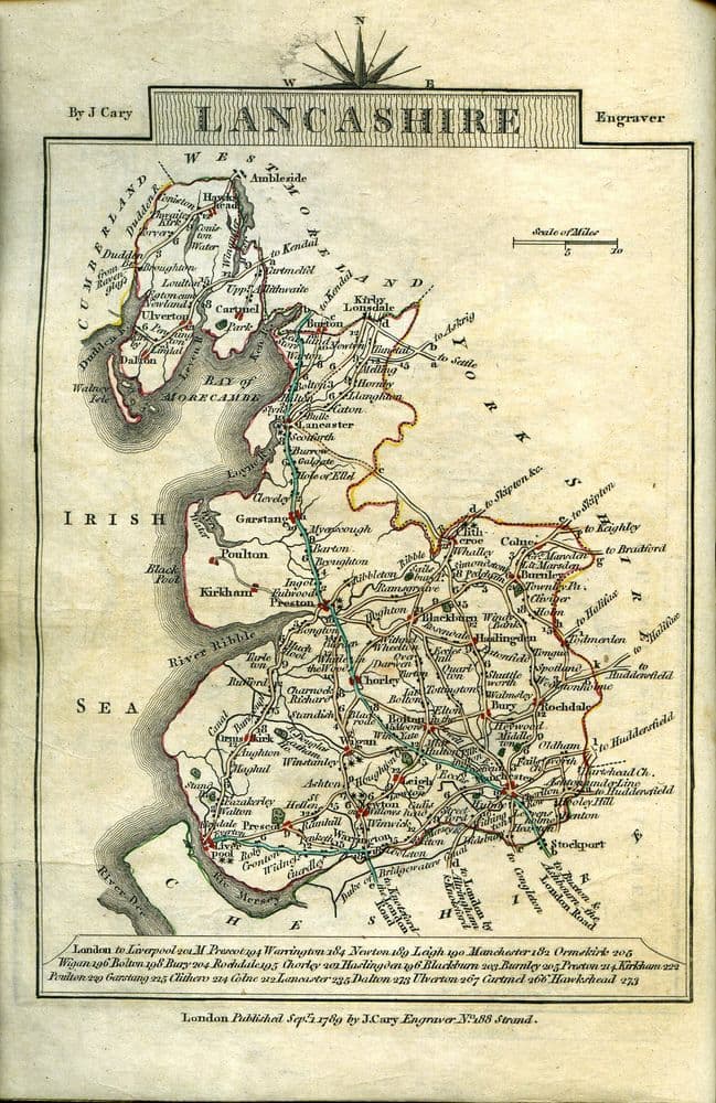 Lancashire County Map by John Cary 1790 - Reproduction