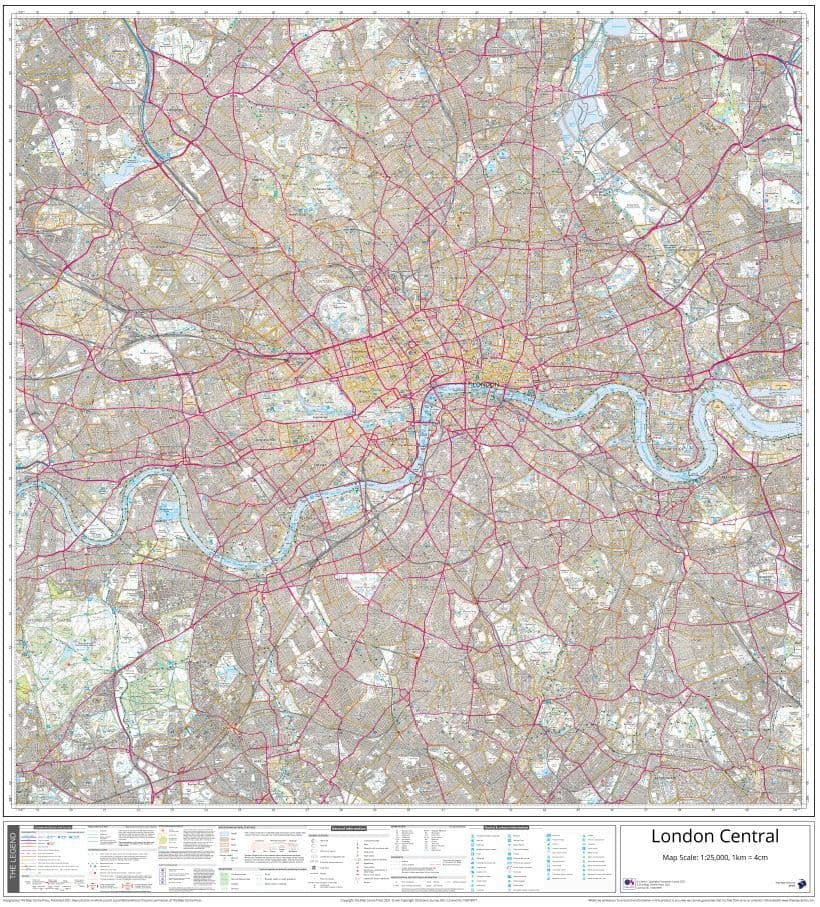 London - Central Ordnance Survey 1 25 000 - Wall Map