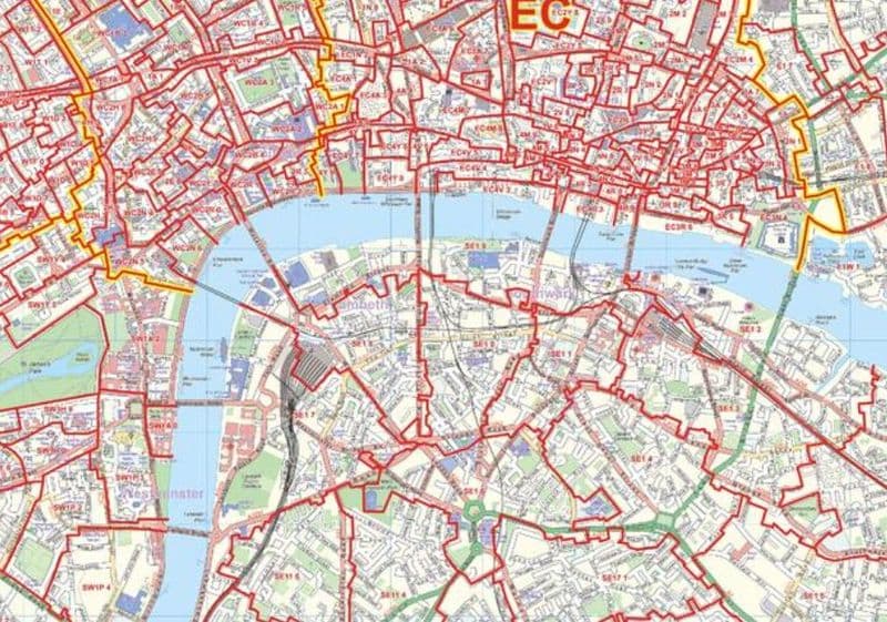 London -City Centre - Postcode Sector Wall Map