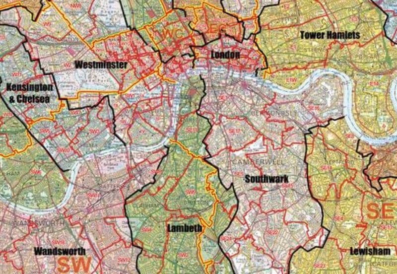 London Local Authorities and Postcode Districts Wall Map