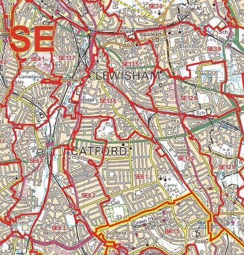 London - South East - SE - Postcode Sector Wall Map