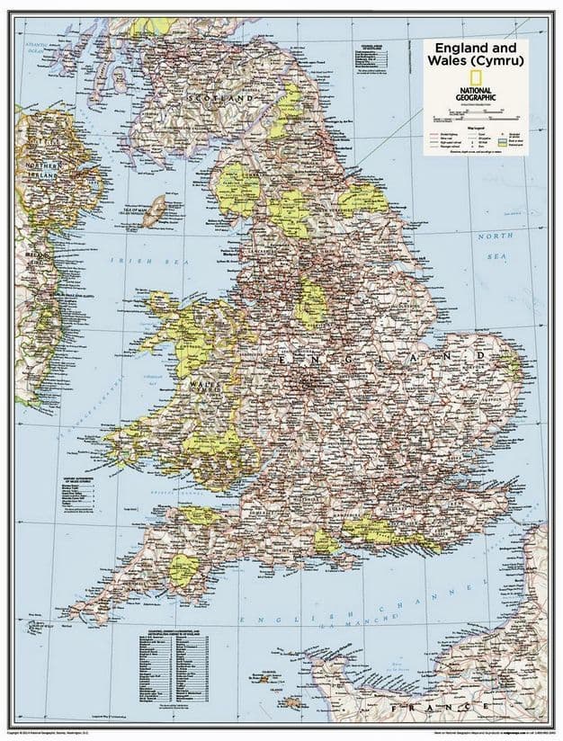 National Geographic Wall Map of England & Wales Cymru - Pub 2015