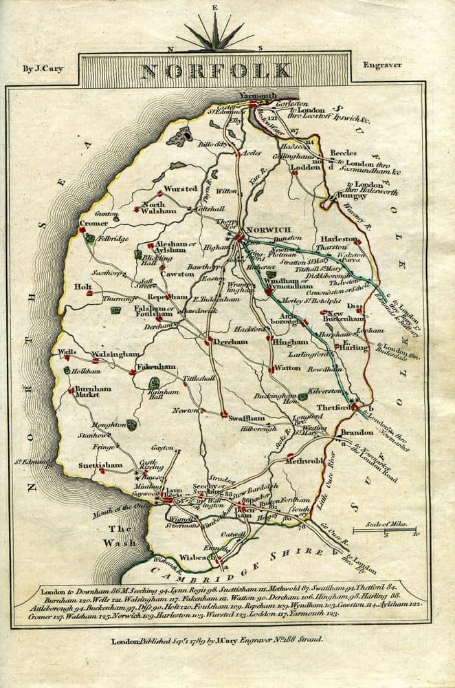 Norfolk County Map by John Cary 1790 - Reproduction