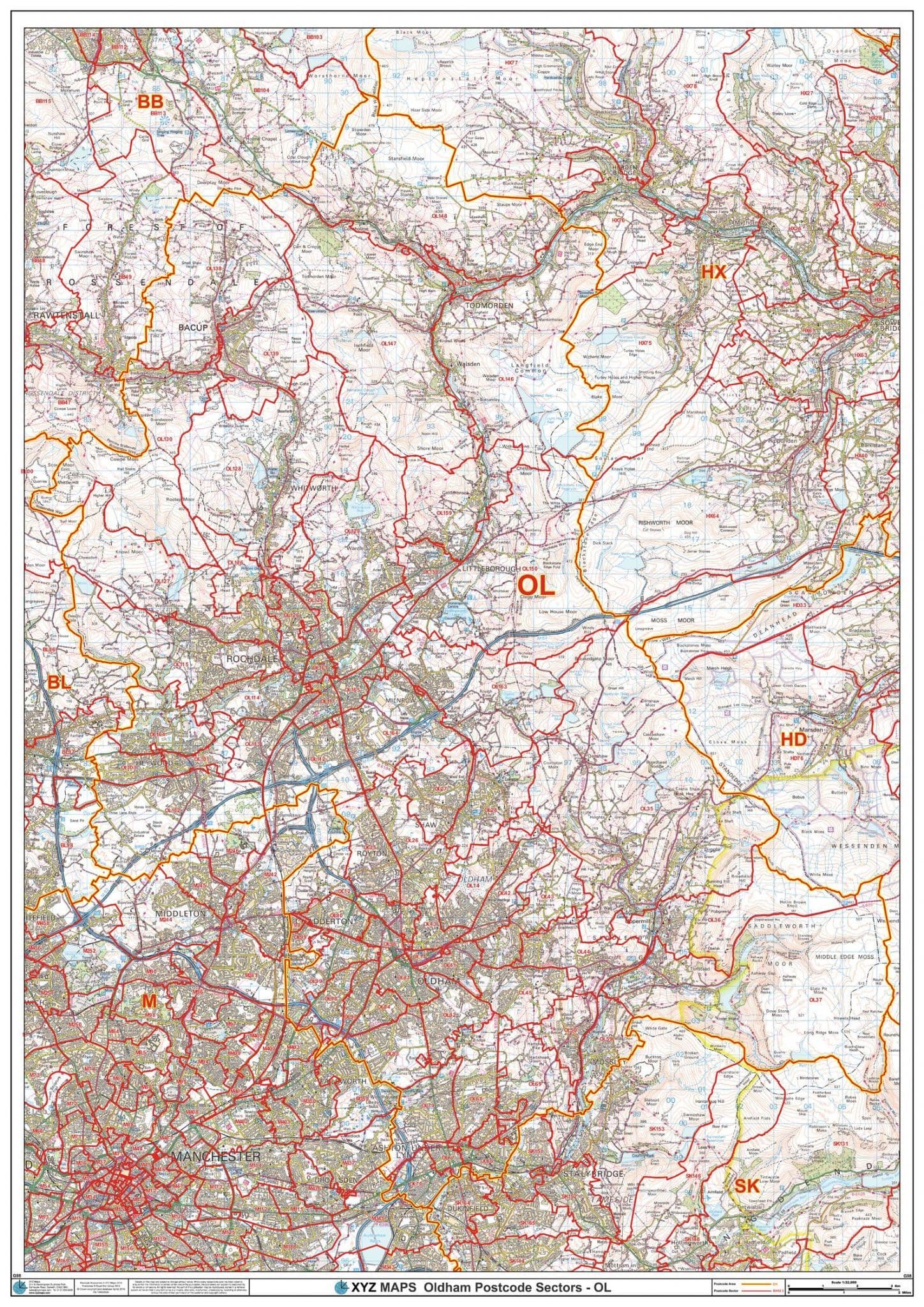 Oldham - OL - Postcode Sector Wall Map