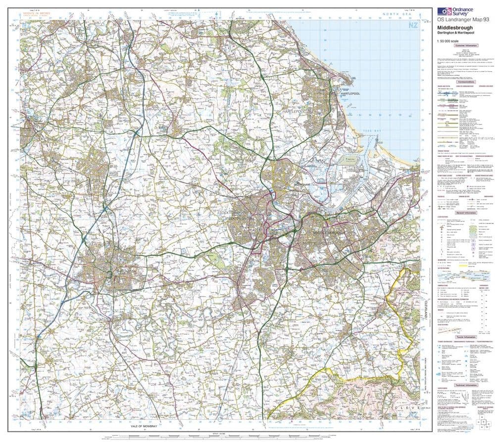 OS Landranger 093 - Middlesbrough Darlington & Hartlepool - FLAT Rolled ...