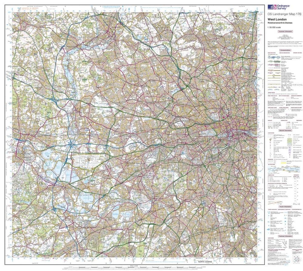 OS Landranger 176 - West London Rickmansworth & Staines - FLAT Rolled ...
