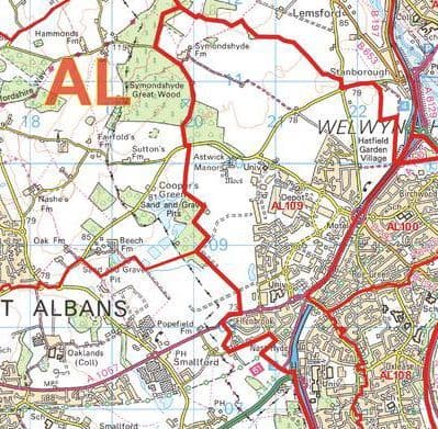 St Albans - AL - Postcode Sector Wall Map