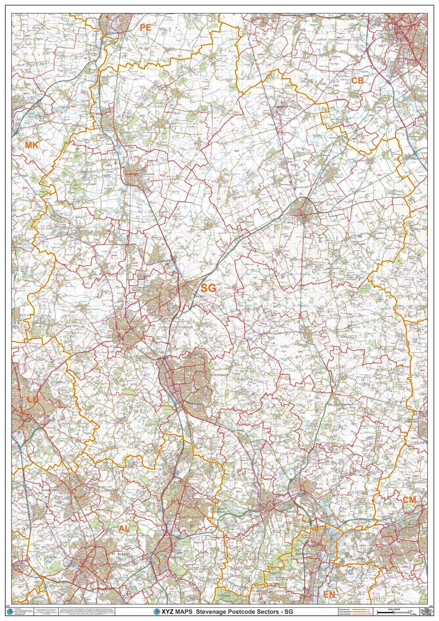 Stevenage - SG - Postcode Sector Wall Map