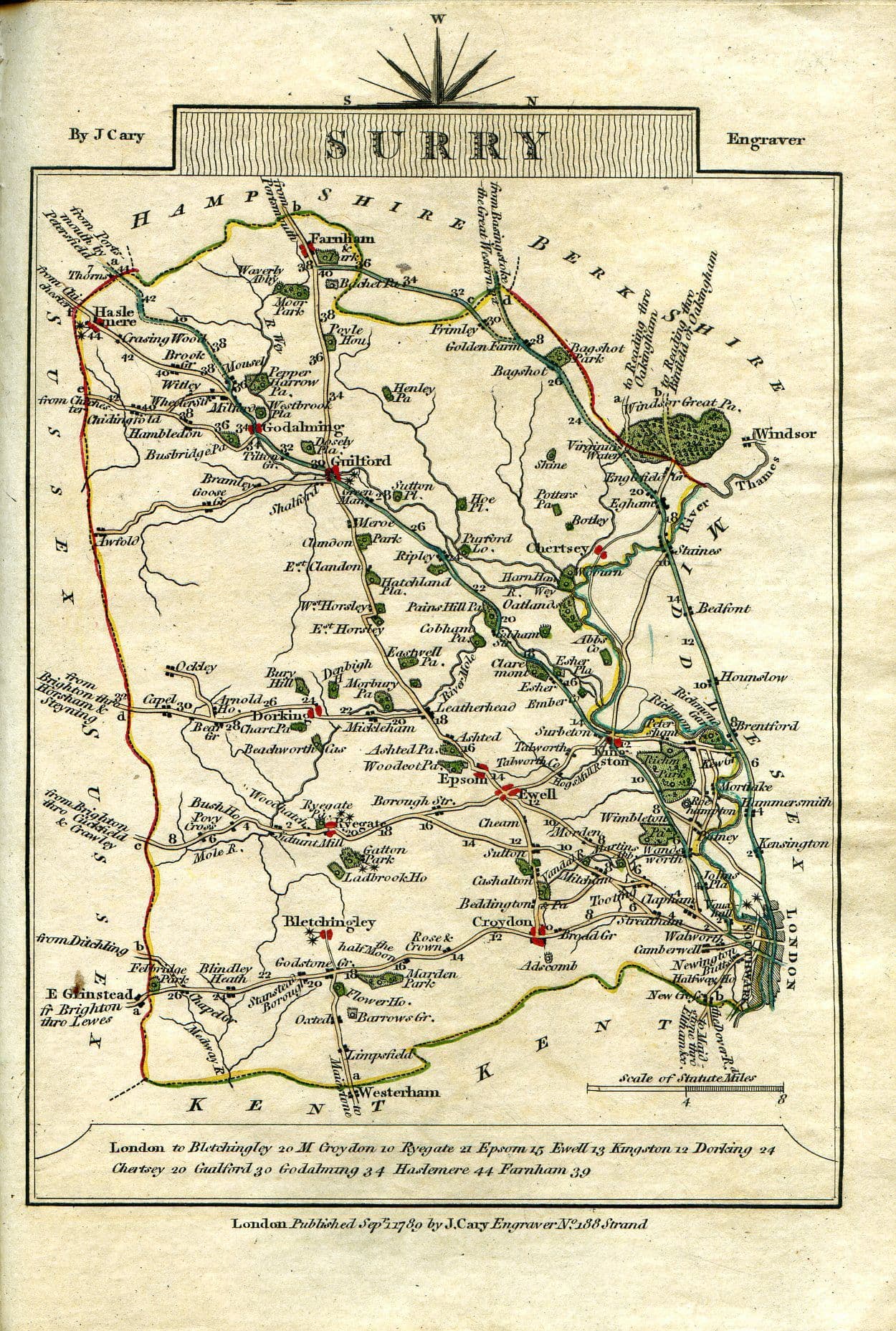 Surrey County Map by John Cary 1790 - Reproduction