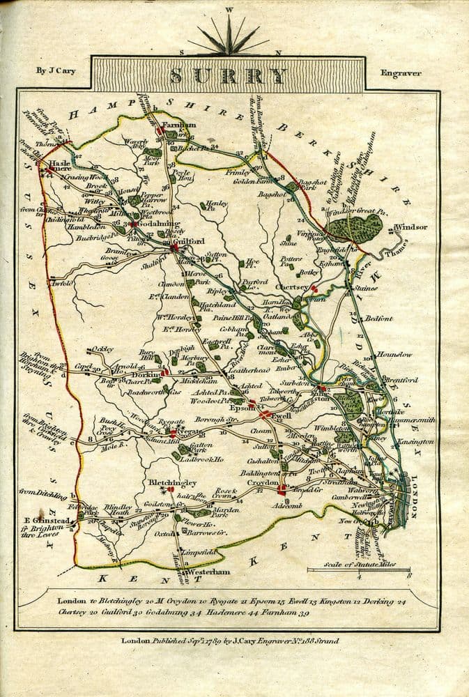 Surrey County Map by John Cary 1790 - Reproduction