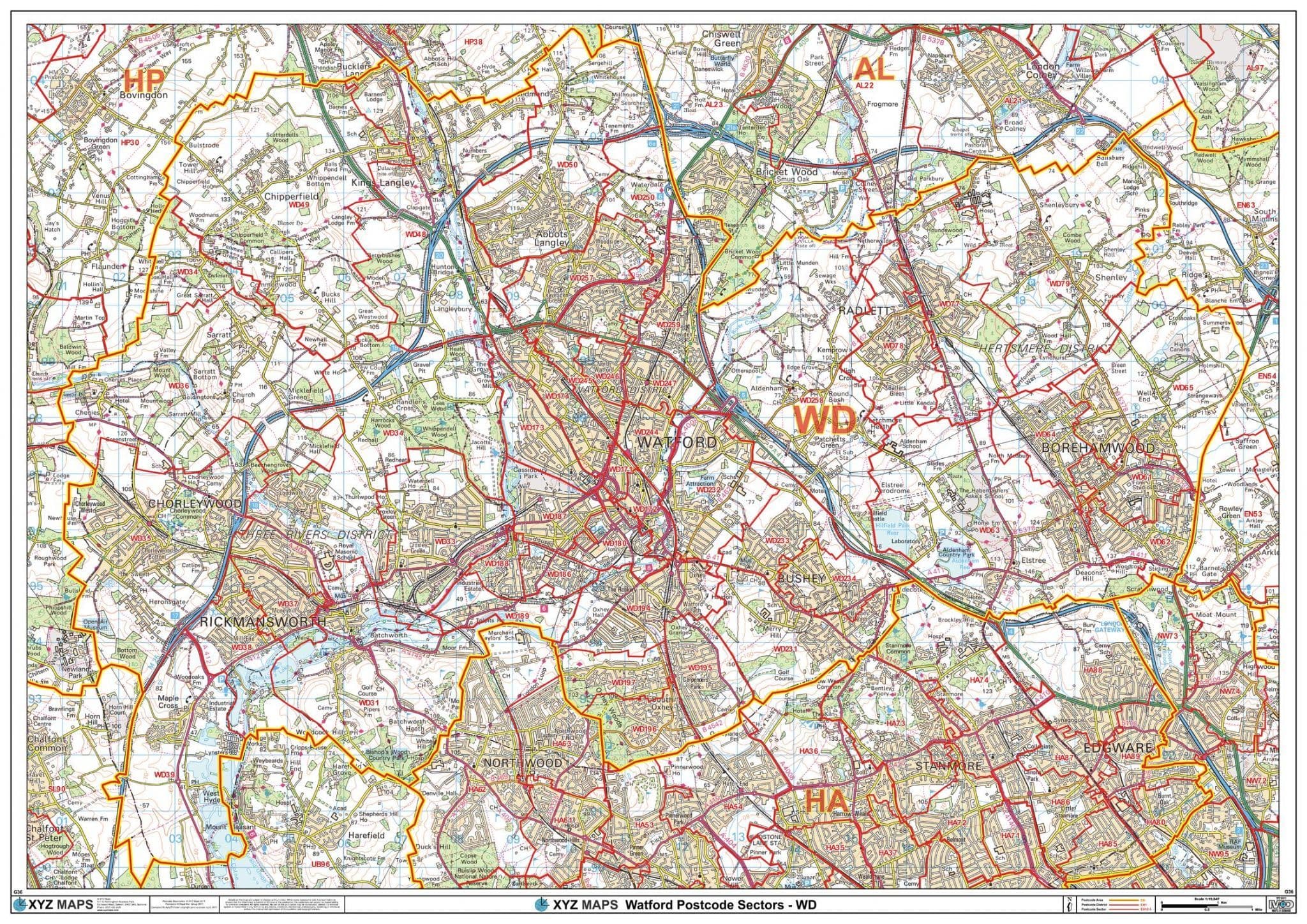 Watford - WD - Postcode Sector Wall Map