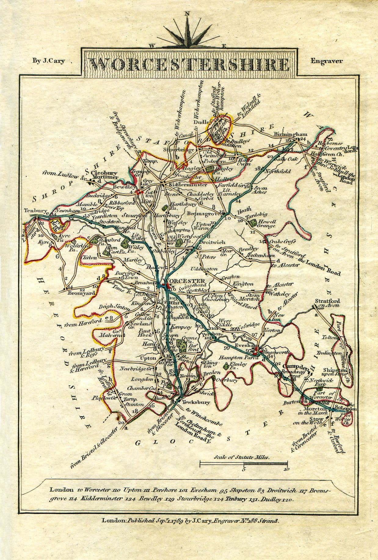 Worcestershire County Map by John Cary 1790 - Reproduction