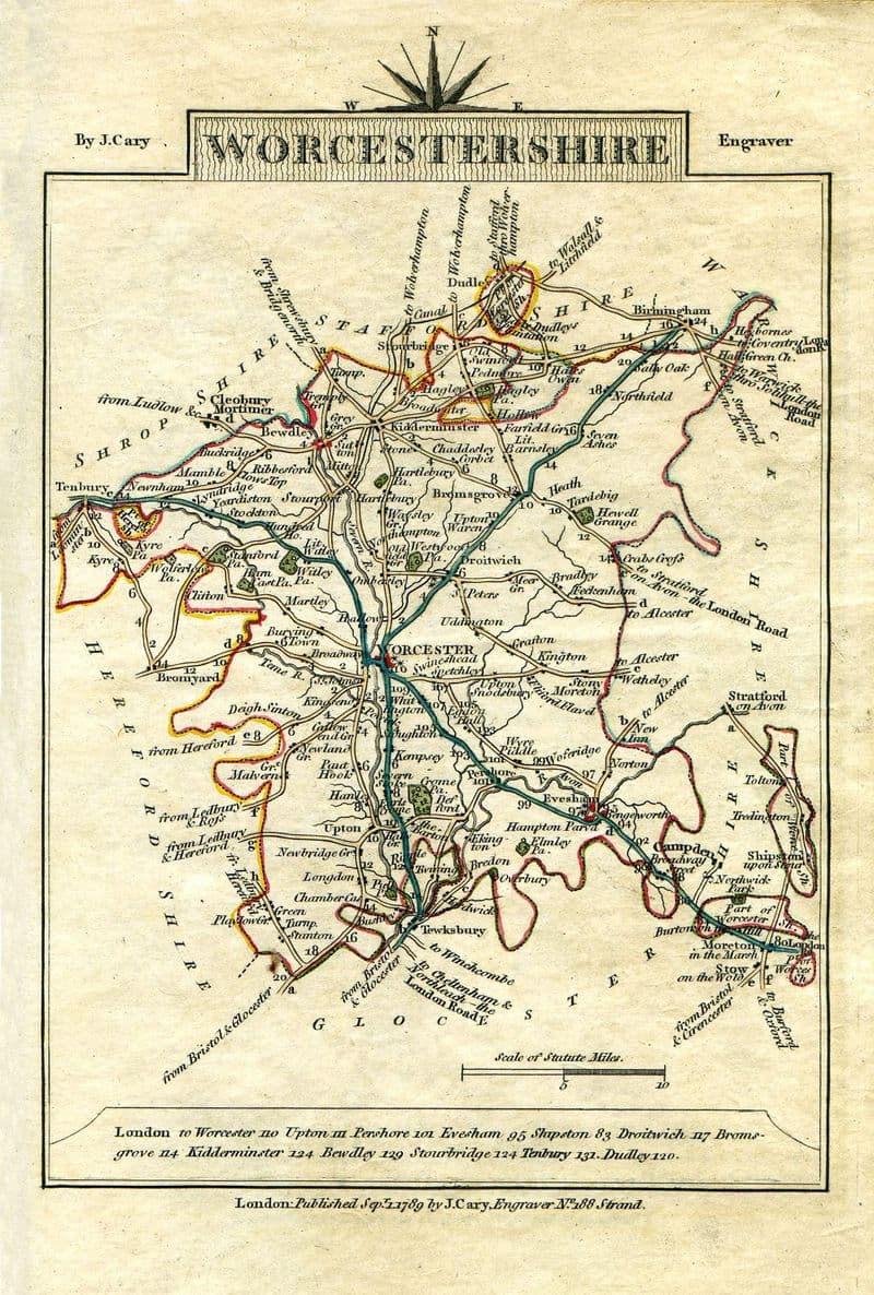 Worcestershire County Map by John Cary 1790 - Reproduction