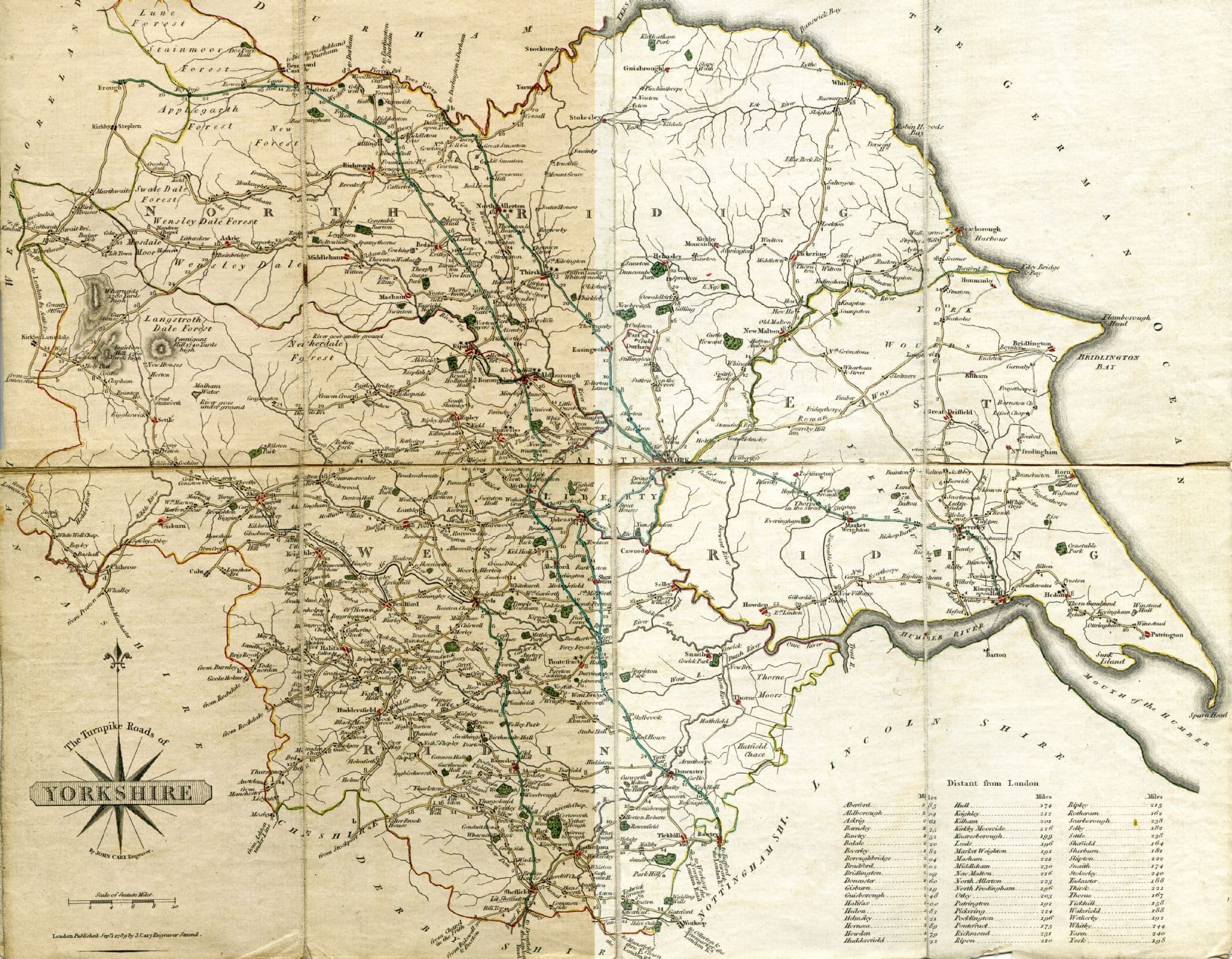 Yorkshire County Map by John Cary 1790 - Reproduction