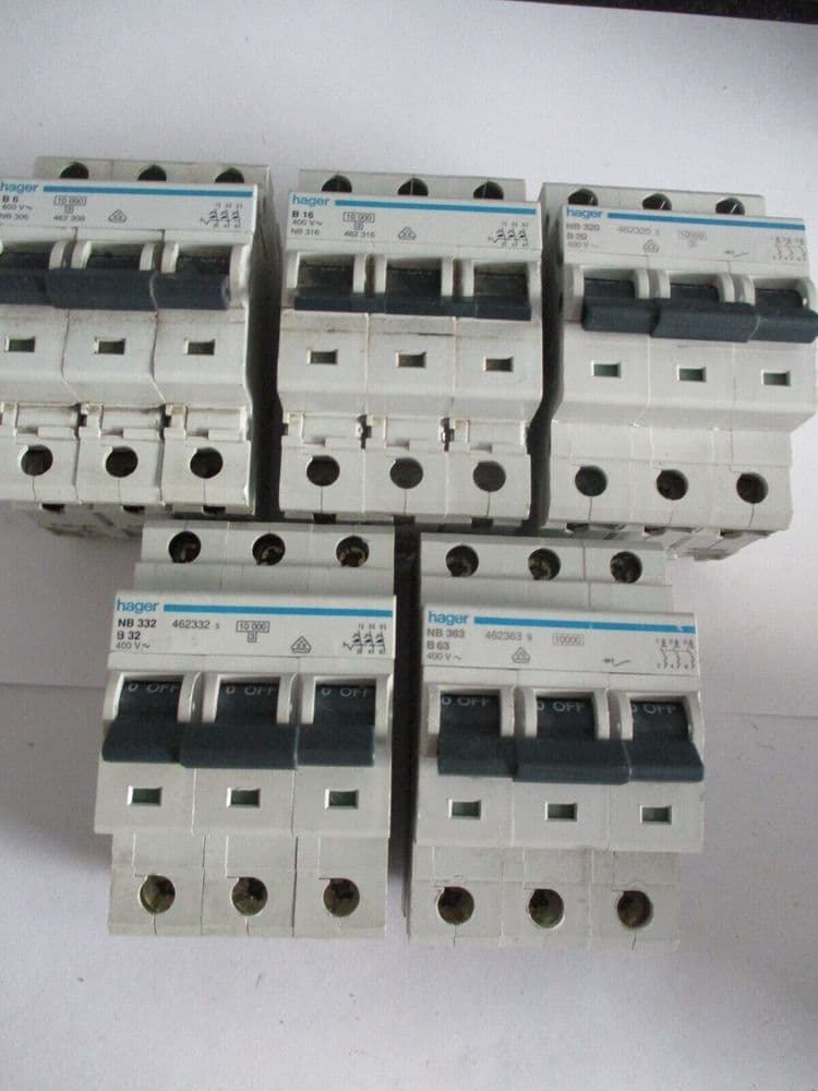 HAGER NB3 RANGE B6 B16 B20 B32 B50 B63 10 KA TRIPLE POLE MCB CIRCUIT BREAKERS