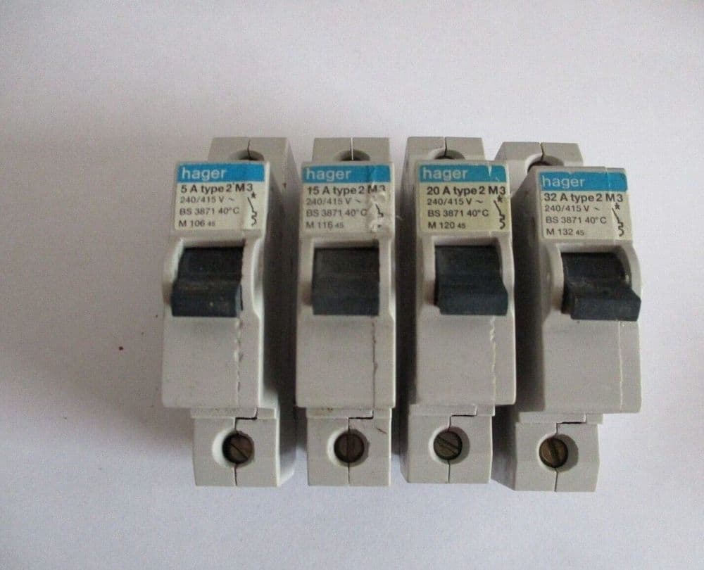 HAGER TYPE 2 M3 5A 10A 15A 20A 32A 40A BS3871 SINGLE POLE MCB S