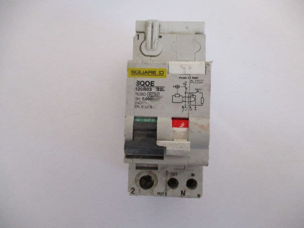 SQUARE D 20 AMP 30mA SQOE120B03 2 MODULE RCBO CIRCUIT BREAKER