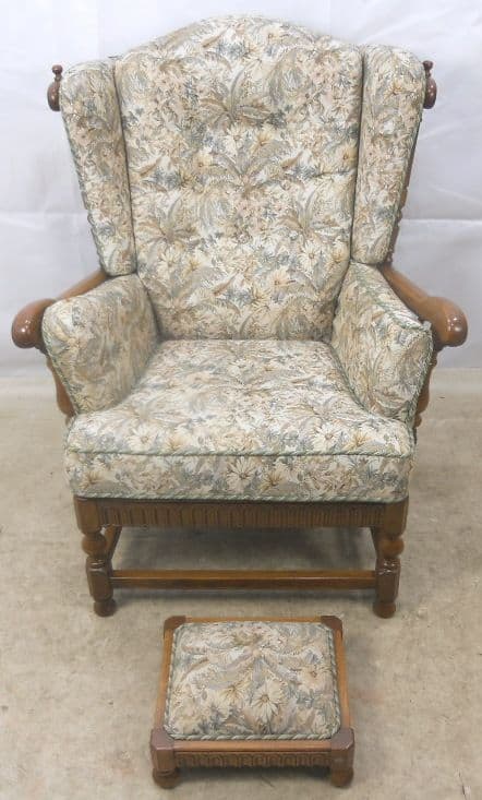 Carved Elm Upholstered Wing Armchair Old Colonial Range by Ercol